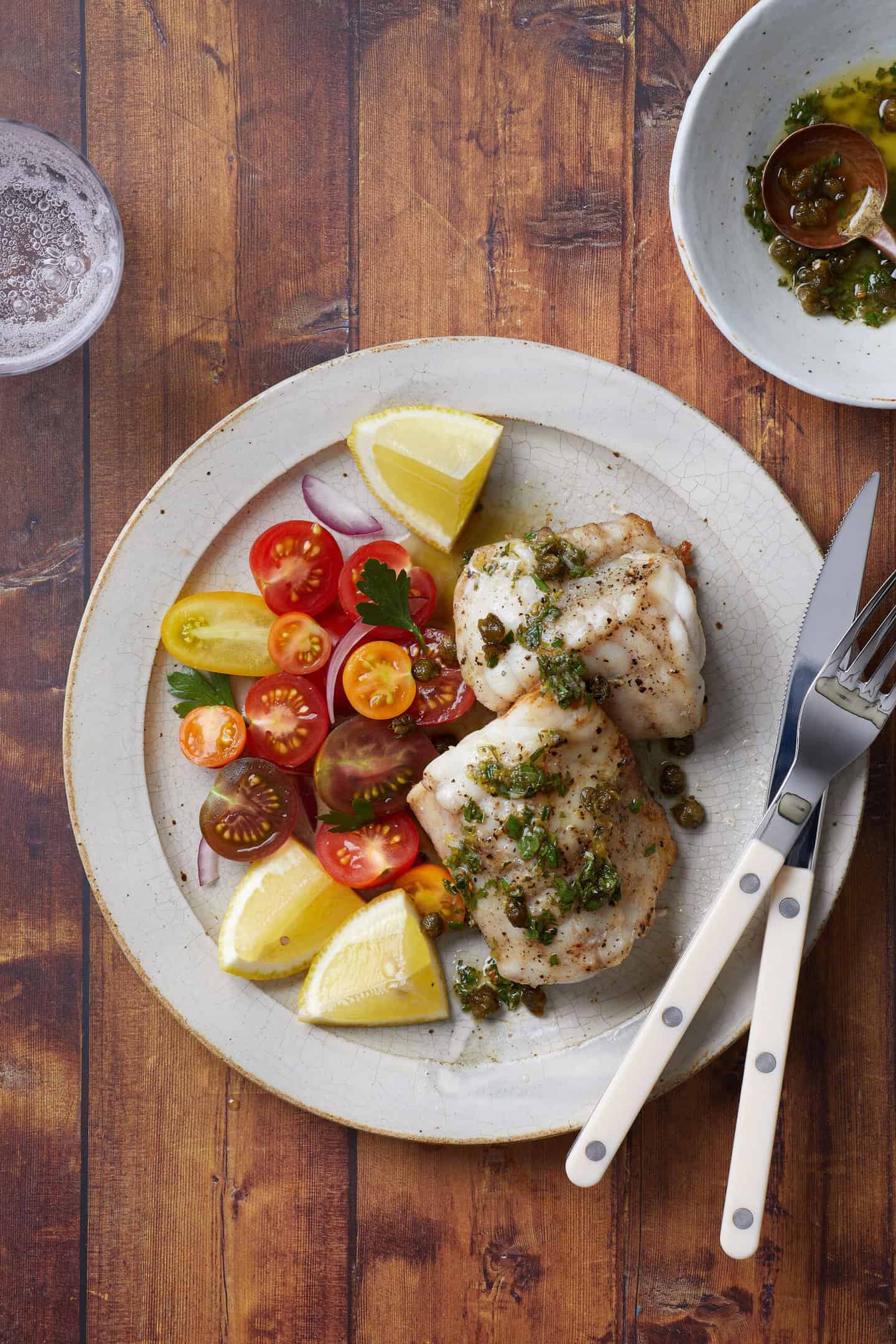 Maine Monkfish Fried Piccata with Tomato & Red Onion Salad | Maine Seafood